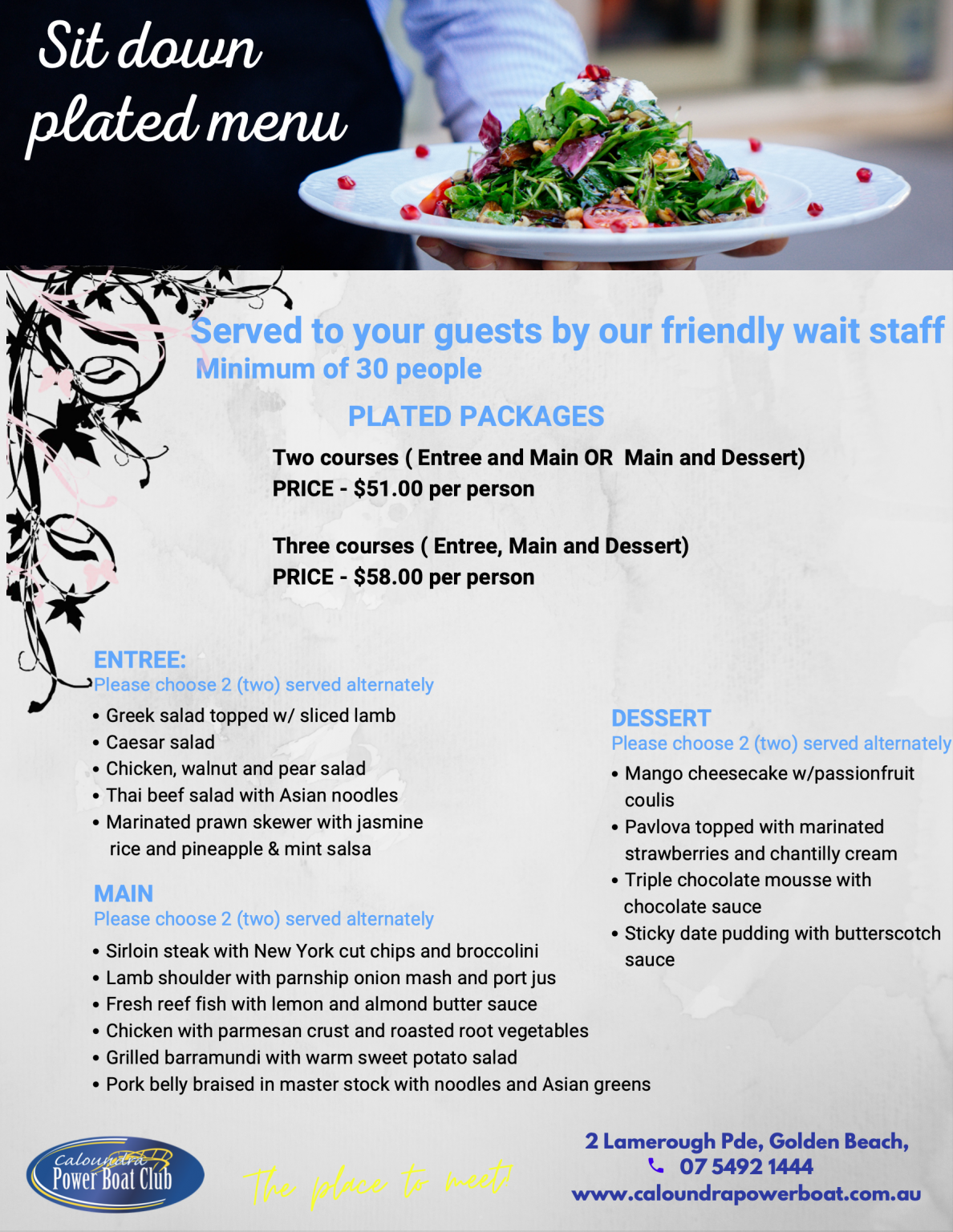 Function Menus - Caloundra Power Boat Club