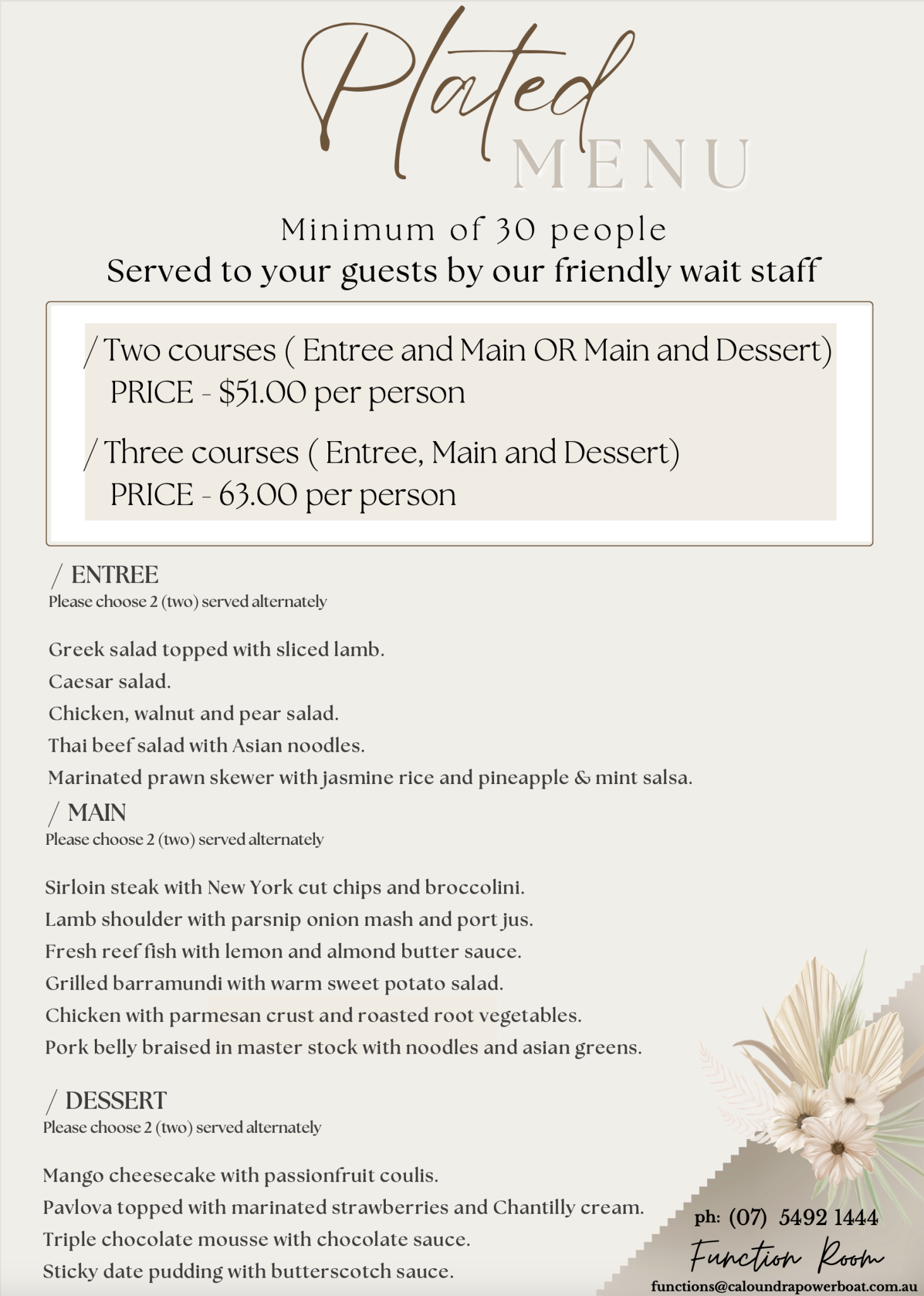 Function Menus - Caloundra Power Boat Club